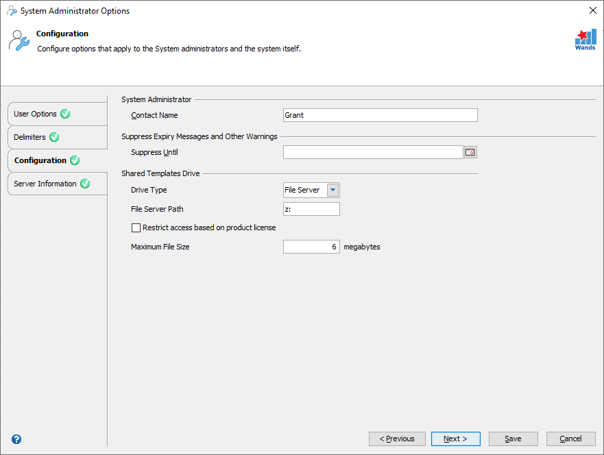 System Administrator Configuration Options – Wands for SAP